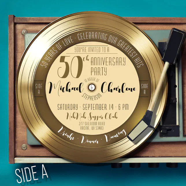Retro Gold Record Photo 50th Anniversary Party Invitation | Zazzle
