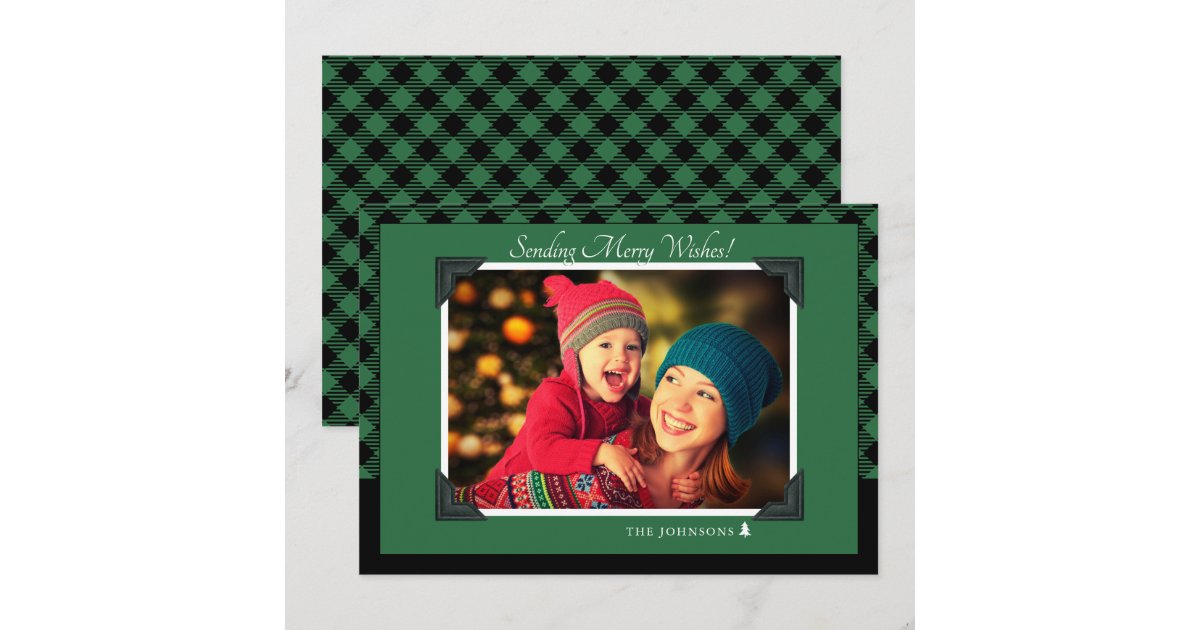 Retro Green Buffalo Check Christmas Photo Holiday Card | Zazzle