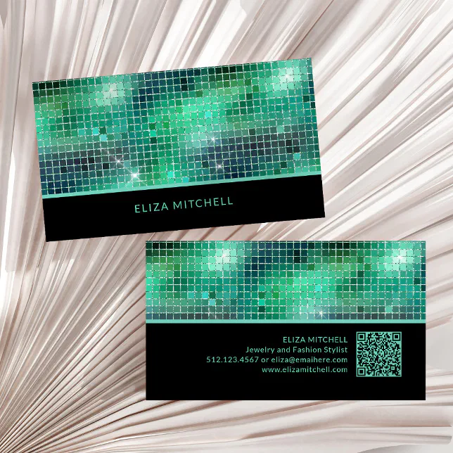 Retro Green Disco Ball Mirror | QR Code Business Card | Zazzle