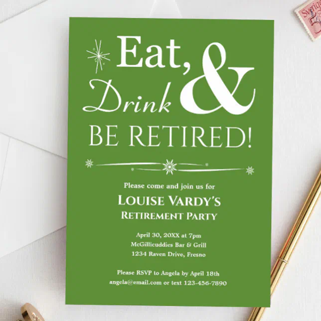 Retro Green Eat Drink And Be Retired Retirement Invitation | Zazzle