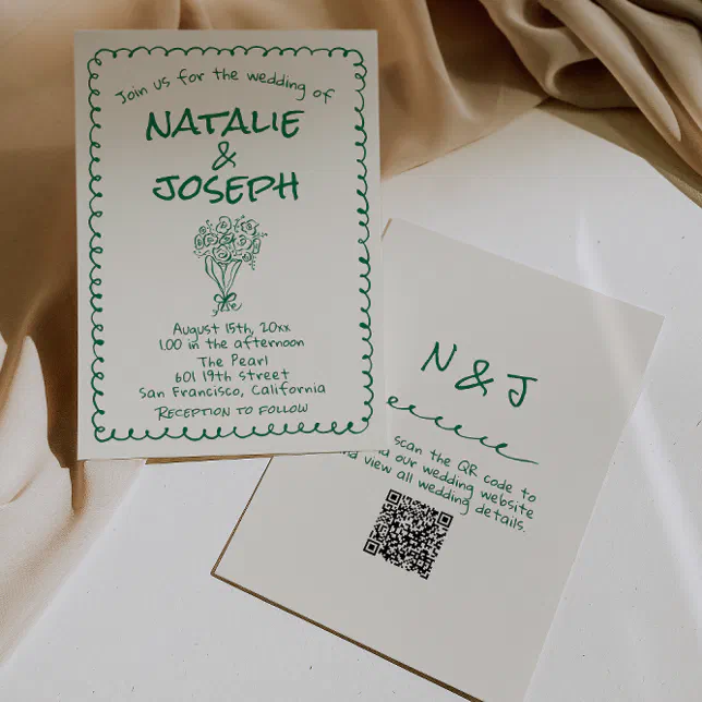 Retro Green Hand Drawn Quirky QR Code Wedding Invitation | Zazzle