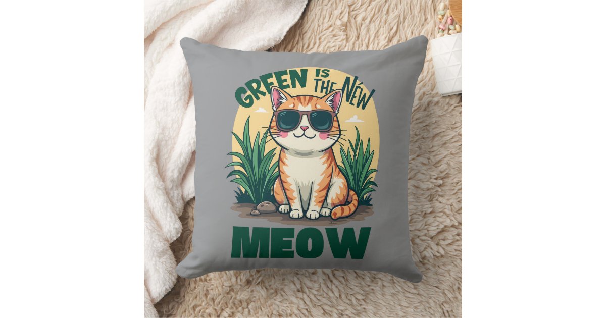 Retro "Green Is The New Meow" Cool Cat Nature Art Throw Pillow | Zazzle