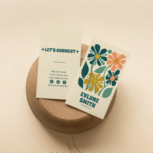 Retro Green Pink Groovy Boho Chic Floral Unique Business Card | Zazzle
