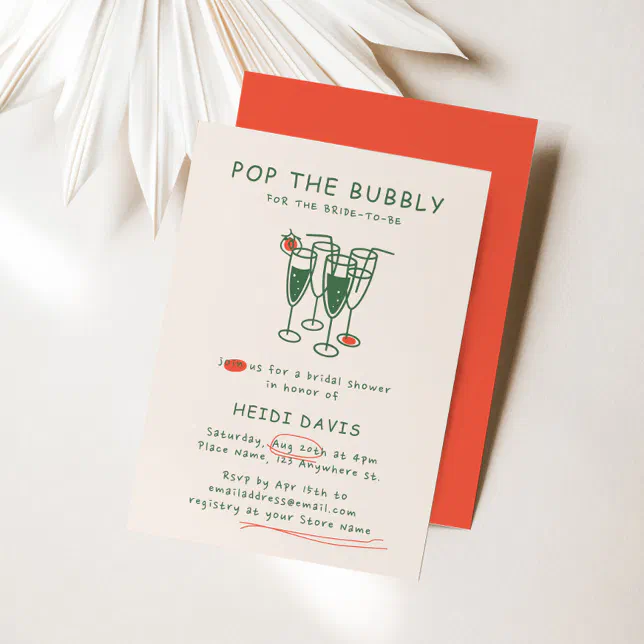 Retro Green & Red Pop The Bubbly Bridal Shower Invitation | Zazzle