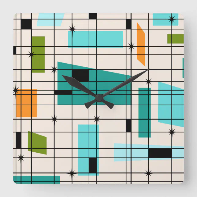 Retro Grid & Starbursts Acrylic Wall Clock | Zazzle