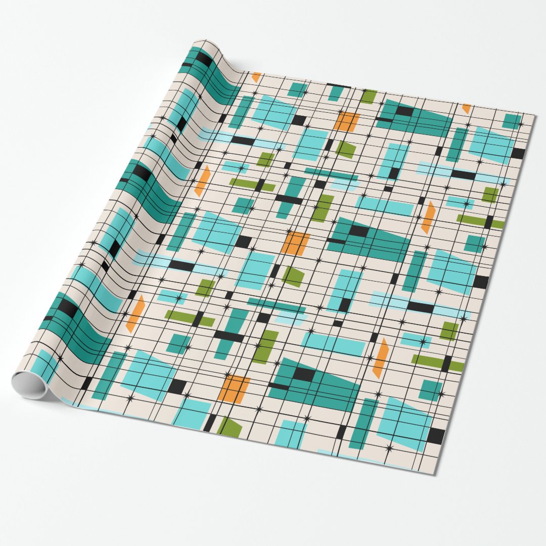 Retro Grid & Starbursts Wrapping Paper | Zazzle