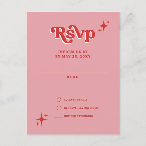 Retro Groovy 70s Cute Pink and Red RSVP Postcard | Zazzle