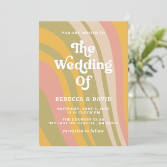 Retro Groovy 70s Cute Pink Green Yellow Wedding Invitation | Zazzle