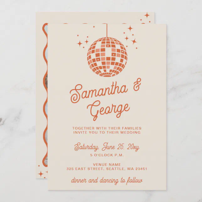Retro Groovy 70s Ivory Orange Photo Disco Wedding Invitation | Zazzle