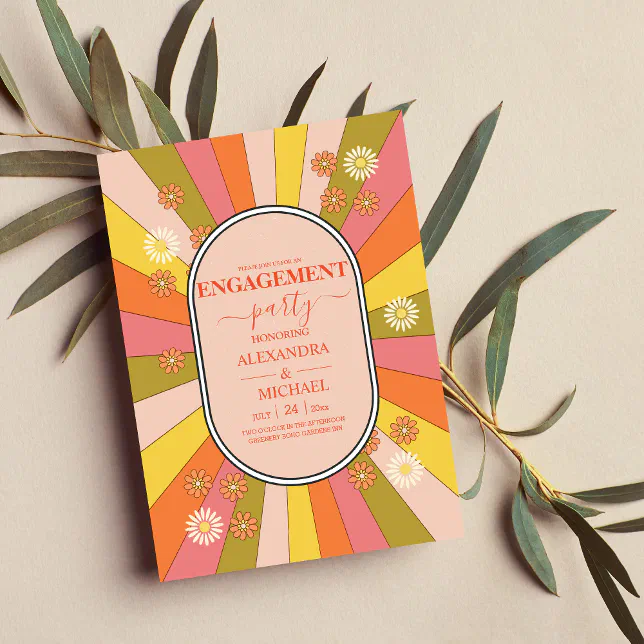 Retro Groovy 70's Themed Muted Tones Engagement Invitation | Zazzle