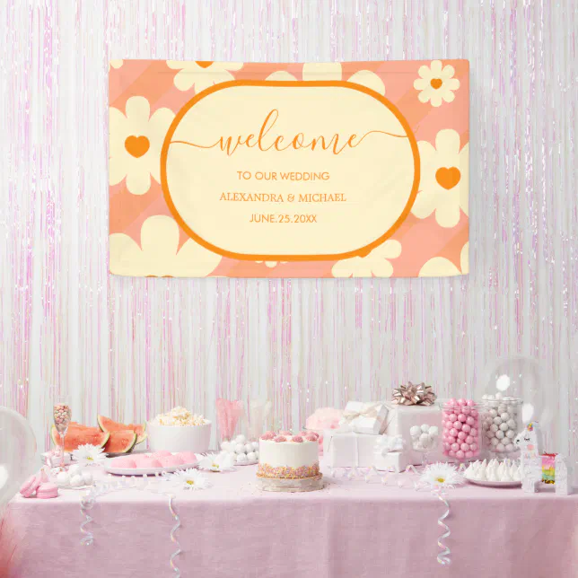 Retro Groovy 70's Themed Muted Tones Wedding Banne Banner | Zazzle