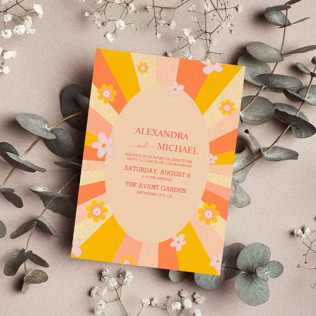 Retro Groovy 70's Themed orange yellow Wedding Invitation | Zazzle