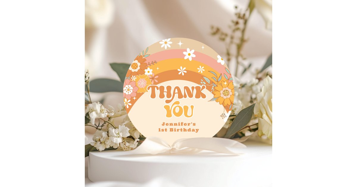 Retro groovy baby birthday thank you classic round sticker | Zazzle