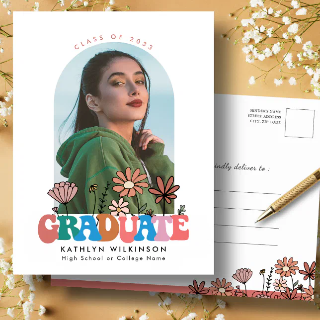 Retro Groovy Boho Floral Arch Photo Graduation Announcement Postcard ...