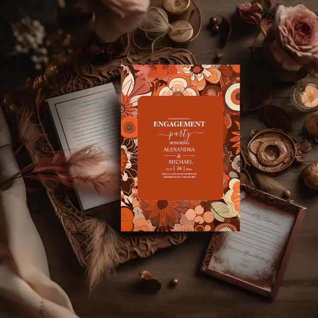 Retro Groovy burn orange floral wedding Invitation | Zazzle
