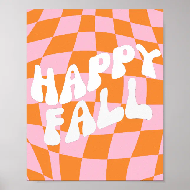 Retro Groovy Checkered Pink And Orange Fall Wall Poster | Zazzle