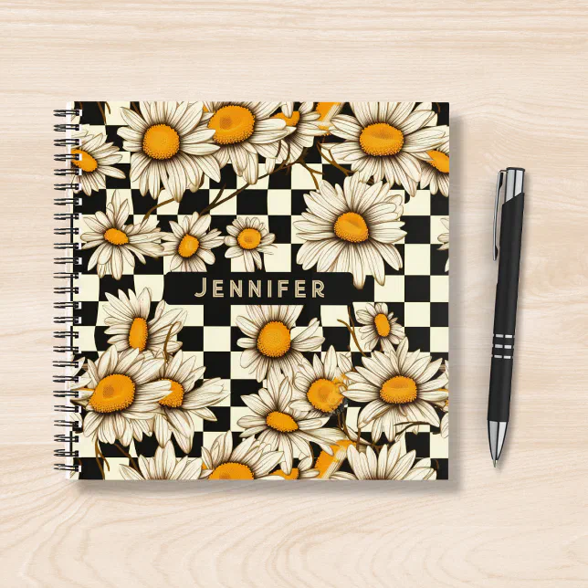 Retro Groovy Daisy Checkerboard Personalized Name Notebook | Zazzle
