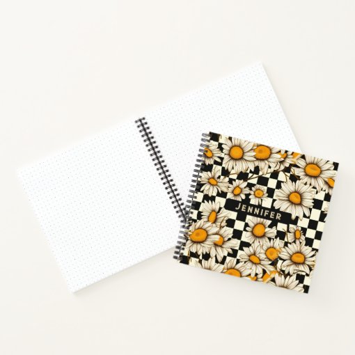Retro Groovy Daisy Checkerboard Personalized Name Notebook | Zazzle