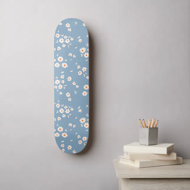 Retro Groovy Daisy Pattern Dusty Blue Floral 70s Skateboard | Zazzle