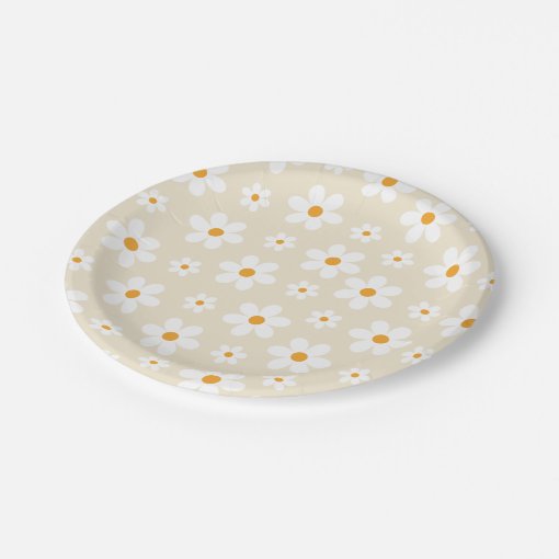 Retro Groovy Daisy Tan Birthday Paper Plates | Zazzle
