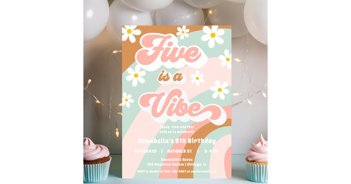 Retro Groovy FIVE is a Vibe 5th birthday party Invitation | Zazzle