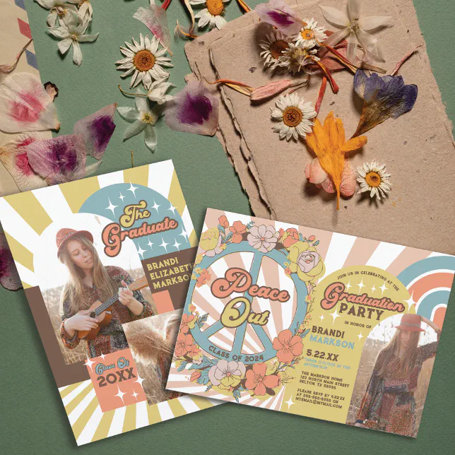 Retro Groovy Floral Arches Photo Graduation Party Invitation | Zazzle