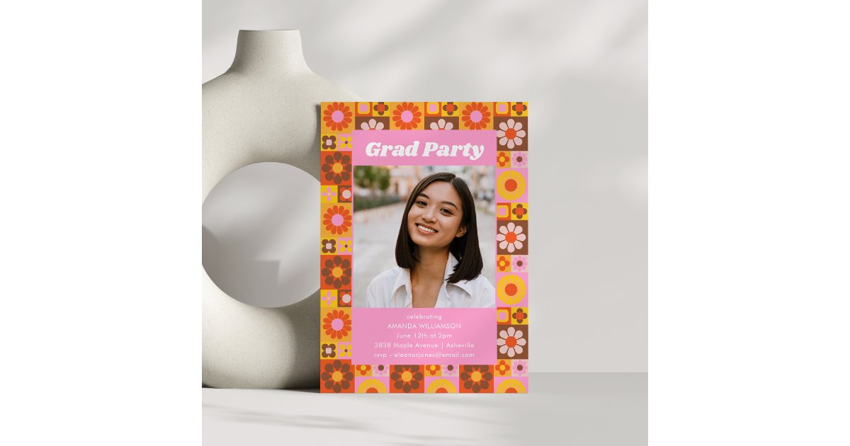 Retro Groovy Floral Pink Graduation Party Photo Invitation | Zazzle