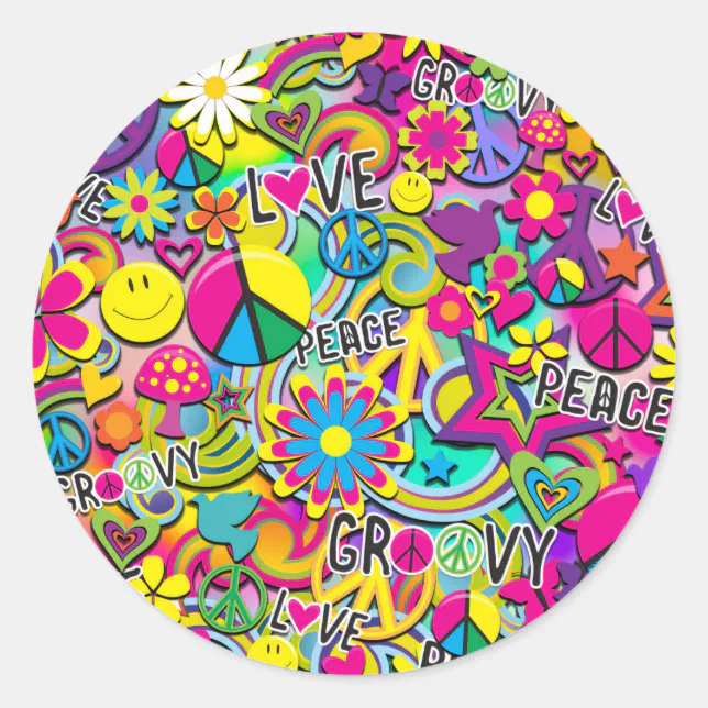 Retro Groovy FUN 60's Sixties Love Birthday Party Classic Round Sticker ...