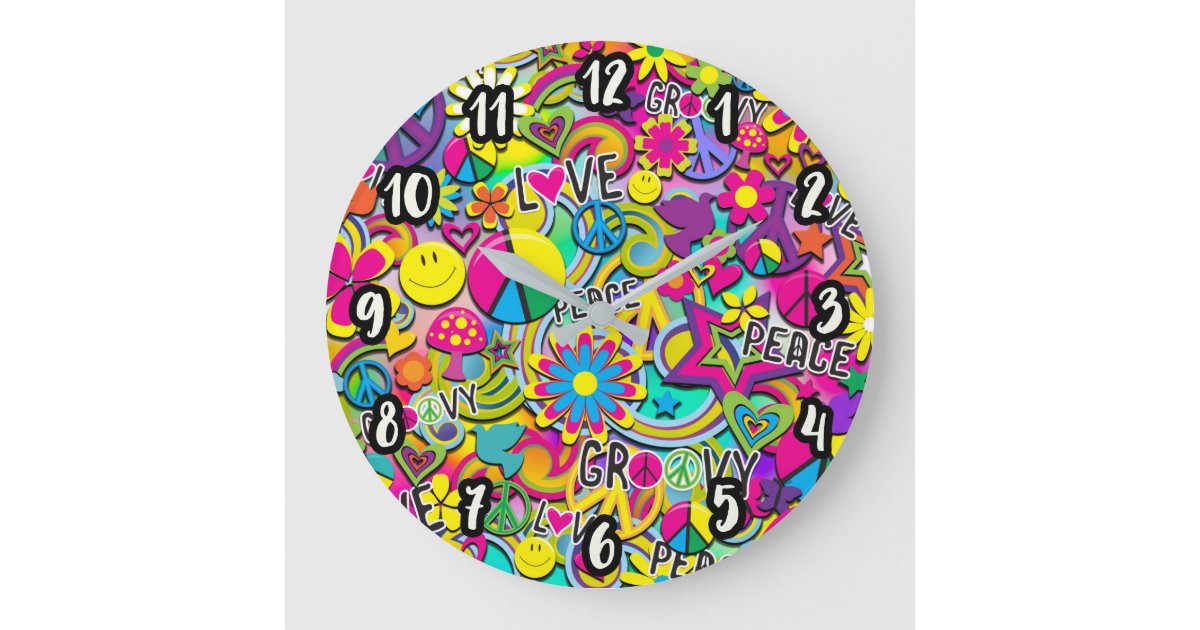 Retro Groovy FUN 60's Sixties Love Colorful Funky Large Clock | Zazzle