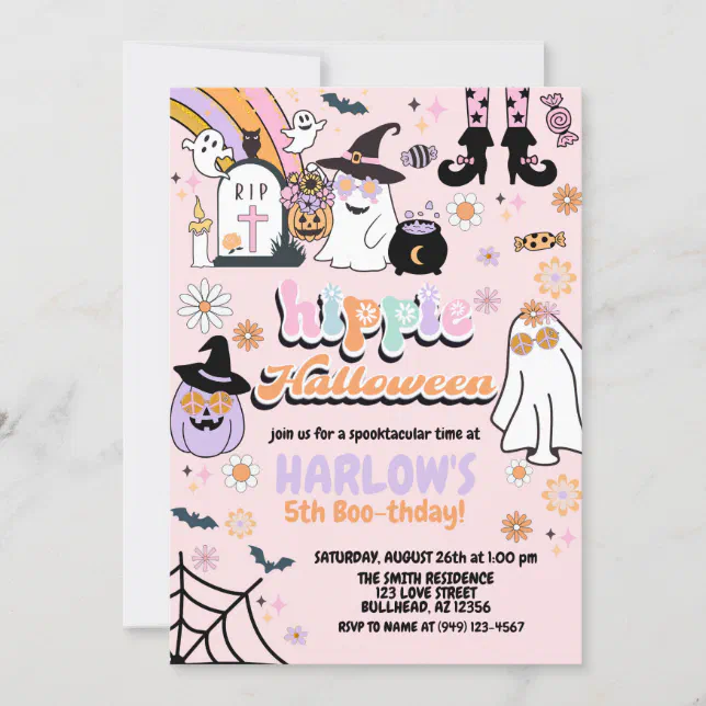 Retro Groovy Ghost Hippie Halloween Birthday Invitation | Zazzle