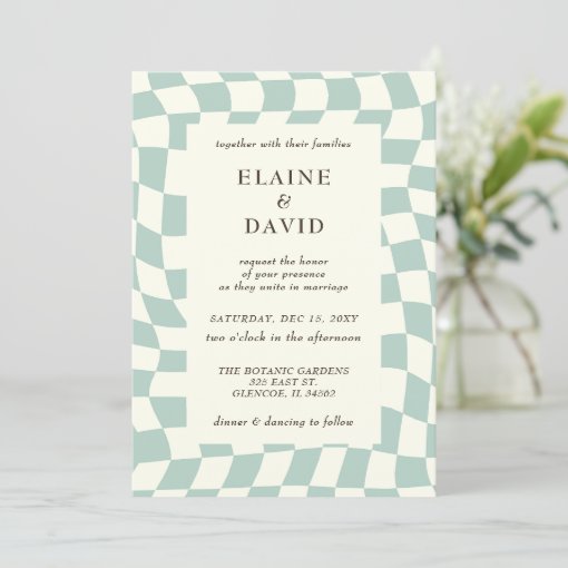 Retro Groovy Green Checkerboard Wedding Invitation | Zazzle