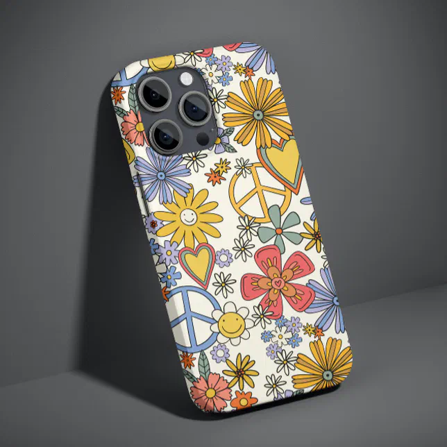 Retro Groovy Hippie Flowers Hearts Case-Mate iPhone Case | Zazzle
