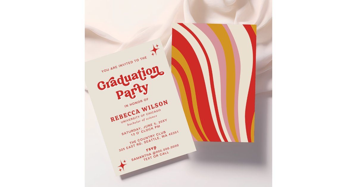 Retro Groovy Ivory Red 70s Graduation Party Invitation | Zazzle