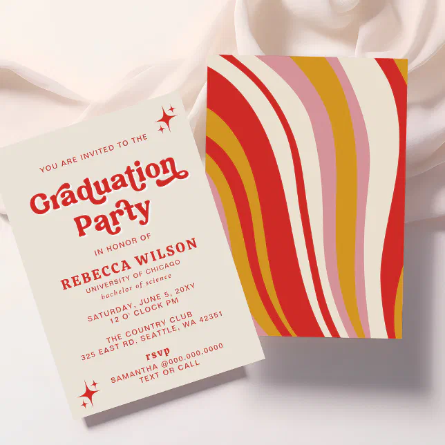Retro Groovy Ivory Red 70s Graduation Party Invitation | Zazzle