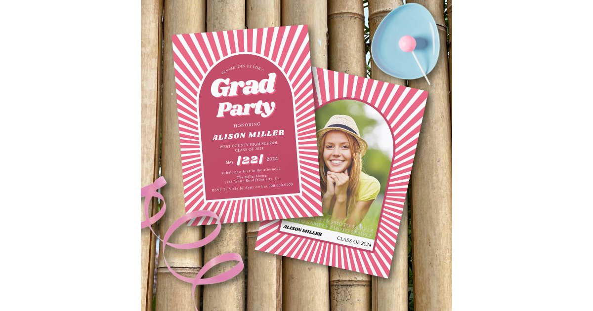 Retro groovy magenta pink sunrays 70s Graduation Invitation | Zazzle