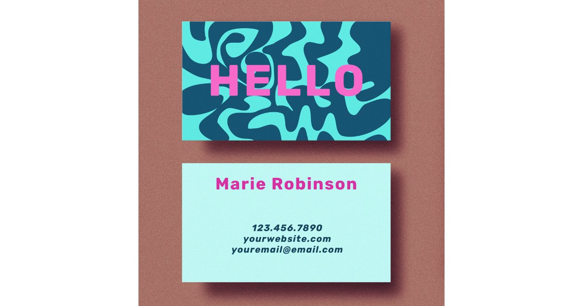 Retro Groovy Navy Blue Aqua Pink Hello Business Card | Zazzle