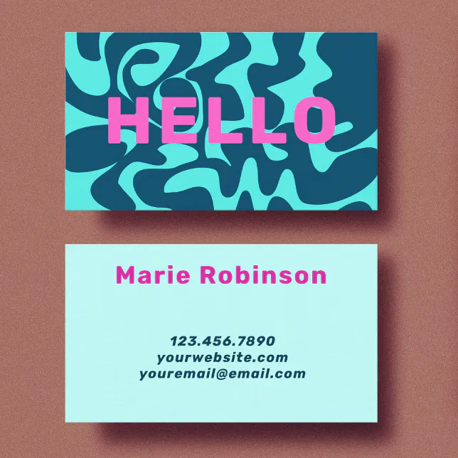 Retro Groovy Navy Blue Aqua Pink Hello Business Card | Zazzle