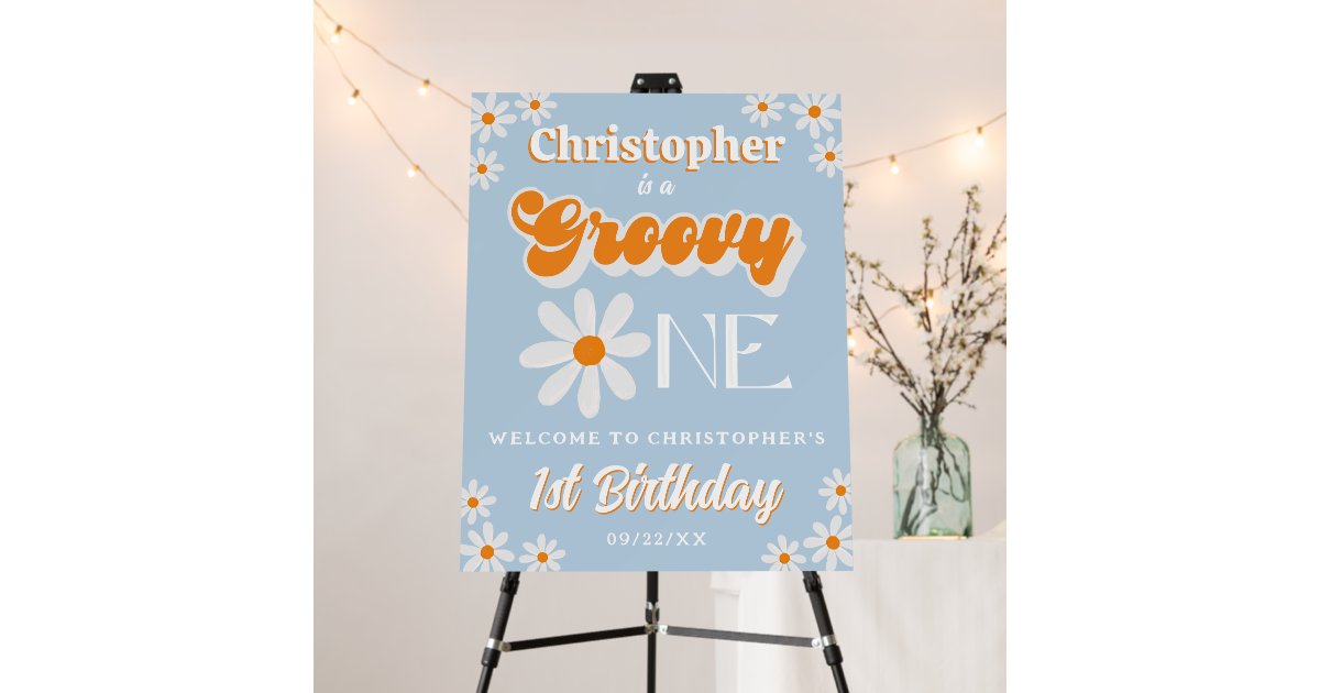 Retro Groovy One Boys 1st Birthday Welcome Foam Board | Zazzle