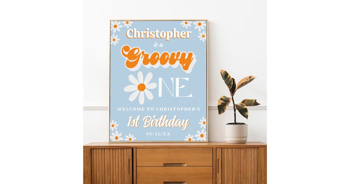 Retro Groovy One Boys 1st Birthday Welcome Poster | Zazzle