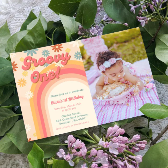 Retro groovy one daisy flower First birthday Invitation | Zazzle
