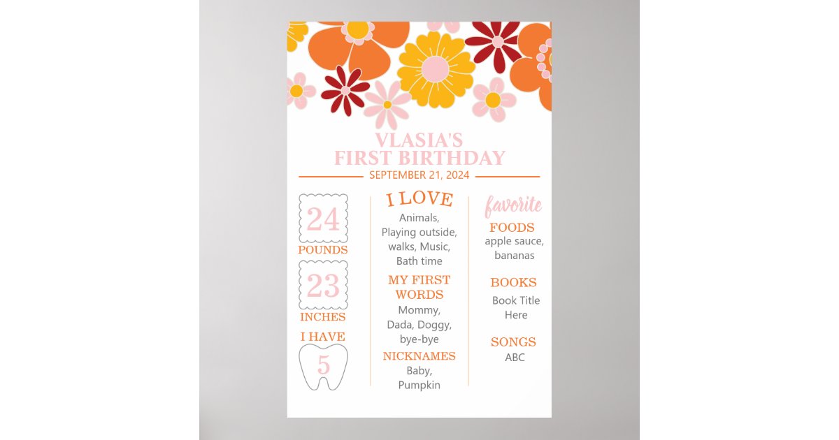 Retro Groovy One Floral First Birthday Milestone Poster | Zazzle