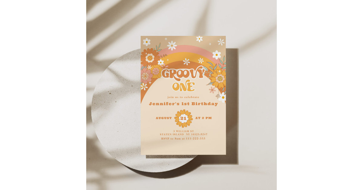 Retro groovy one gender neutral birthday invitation | Zazzle