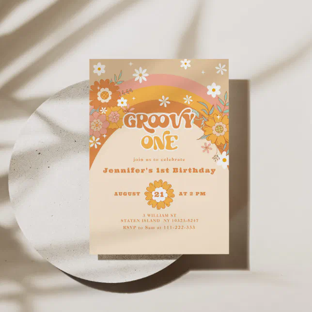 Retro groovy one gender neutral birthday invitation | Zazzle