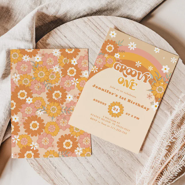 Retro groovy one gender neutral birthday invitation | Zazzle
