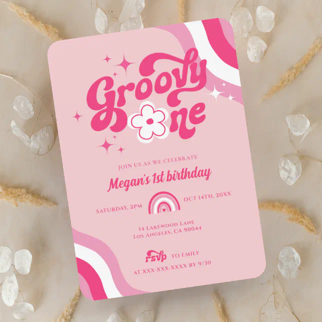 Retro Groovy One Girl 1st Birthday Invitation | Zazzle