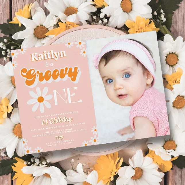 Retro Groovy One Girls 1st Birthday Photo Invitation | Zazzle