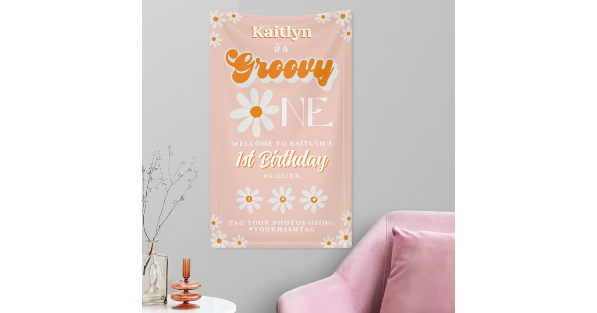 Retro Groovy One Girls 1st Birthday Welcome Banner | Zazzle