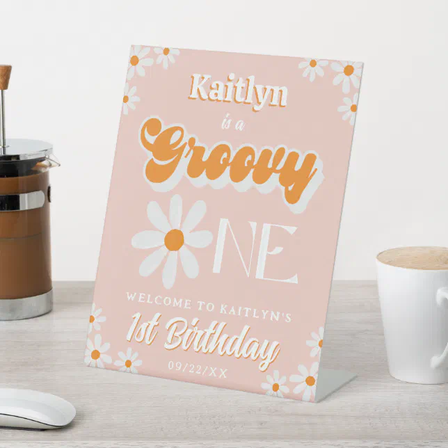 Retro Groovy One Girls 1st Birthday Welcome Pedestal Sign | Zazzle