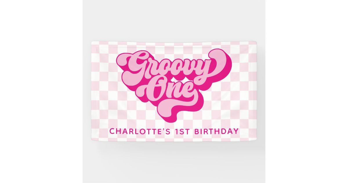 Retro Groovy One Pink and White Check Banner | Zazzle