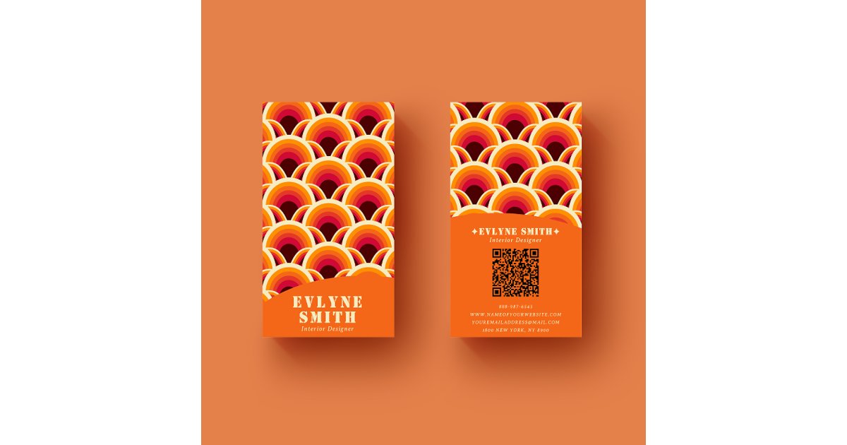 Retro Groovy Orange QR Code 70s Boho Unique Business Card | Zazzle